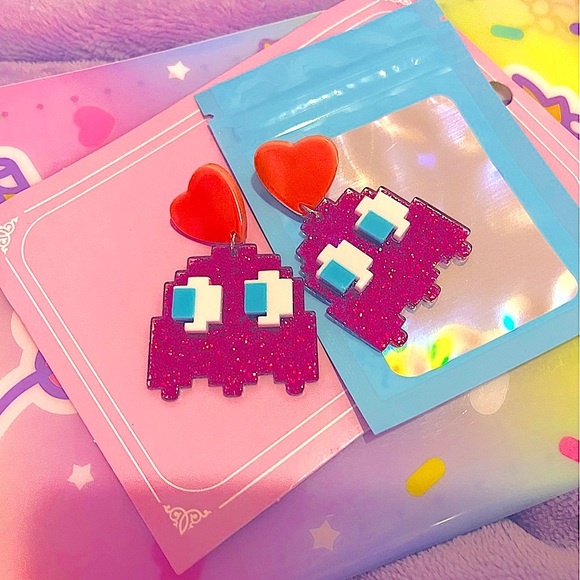 Jewelry | Y2k 9s Pink Glitter Pacman Gamer Earrings Oversized ...